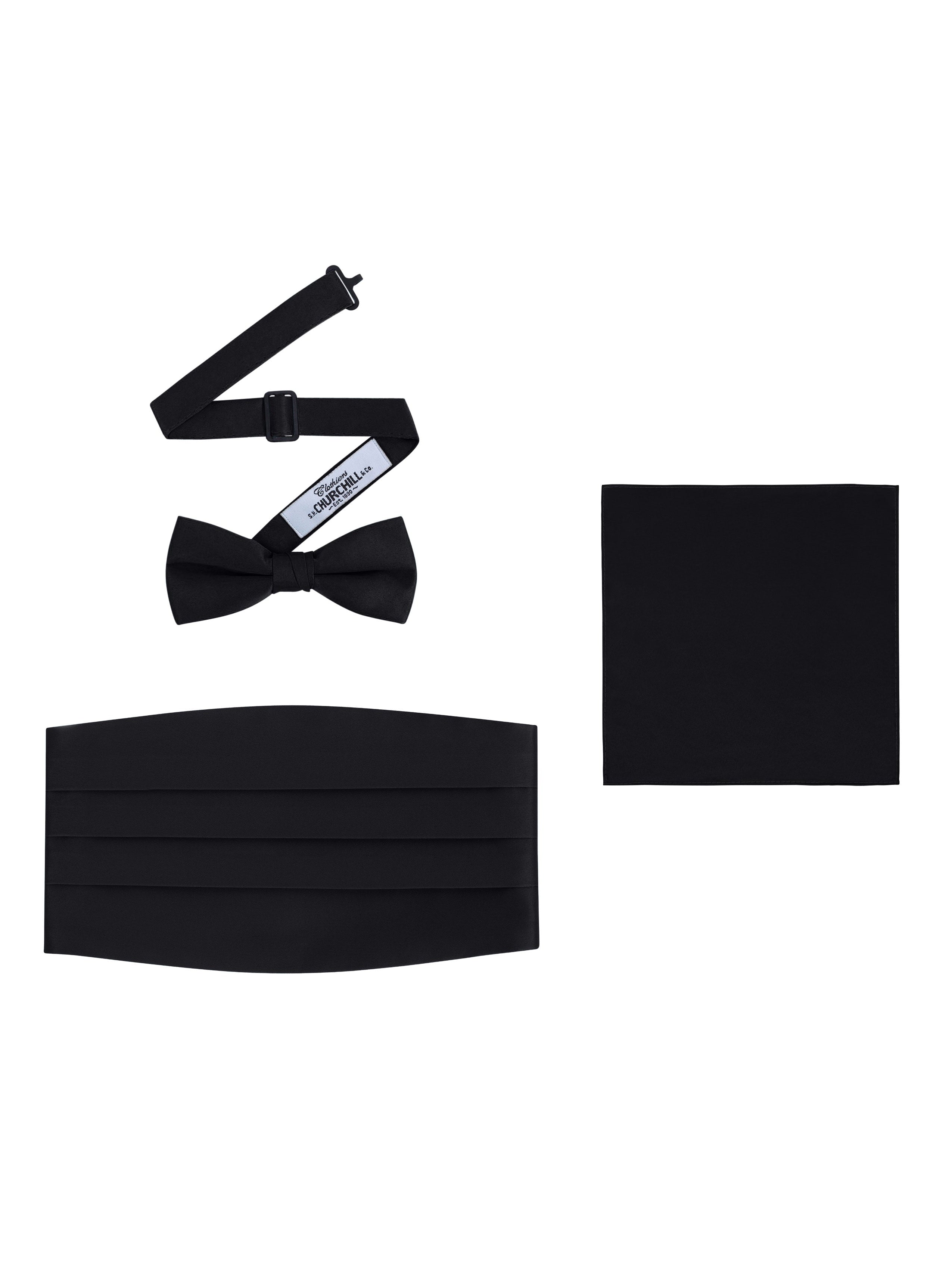 Black Satin Formal Accessory Set with Bow Tie, Cummerbund & Pocket Han ...